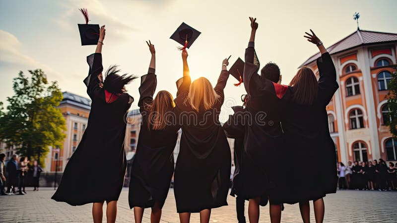 Group of Happy Students in Caps and Gowns Celebrating Their Graduation ...