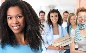 Group of Happy Students on School Corridor Stock Photo - Image of ...