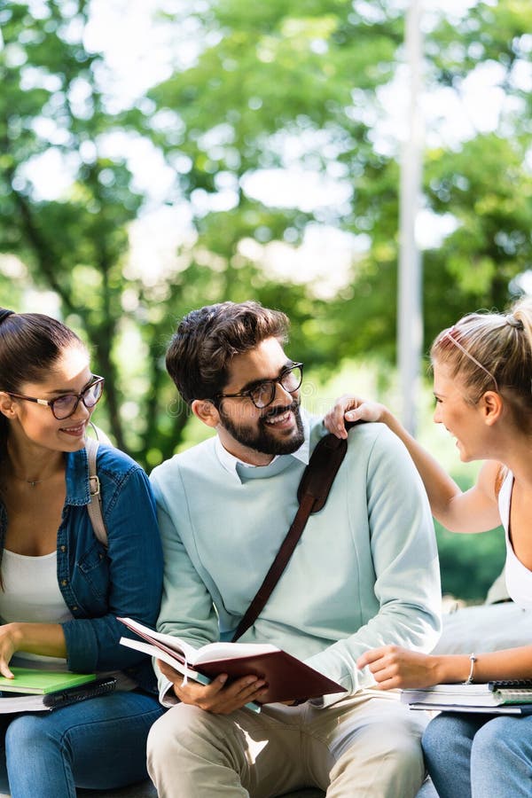 Group of Happy Students Studying, Preparing Together for Exam Ourdoor ...