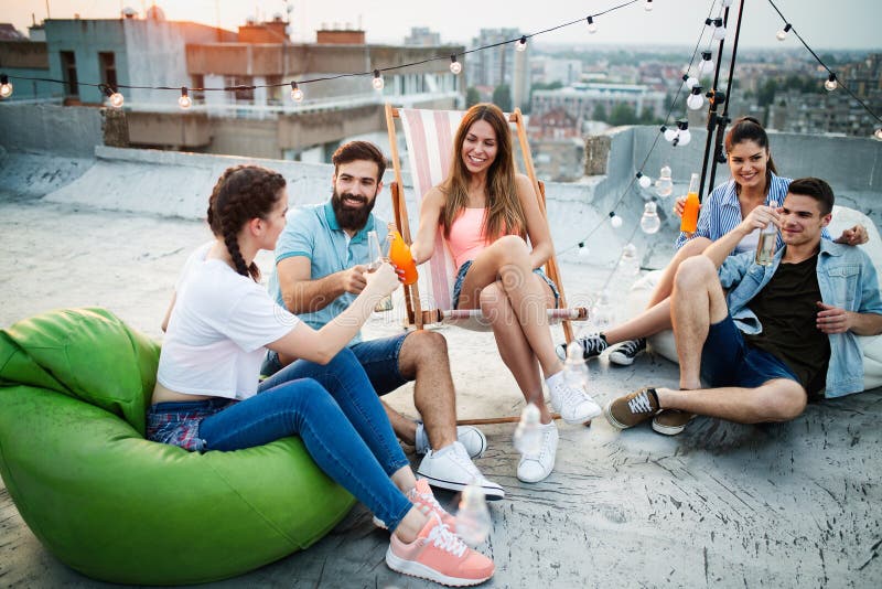 Group of Happy Young Friends Having Party on Rooftop Stock Image ...