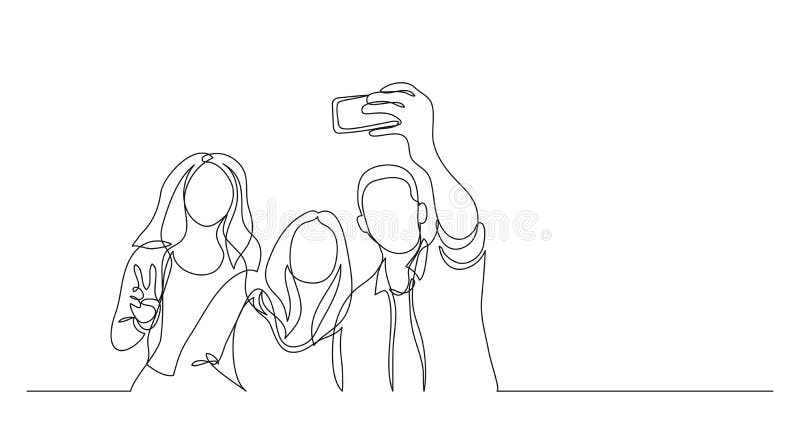 Group of Happy Young Friends Making Selfie - One Line Drawing Stock ...