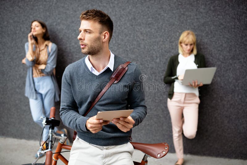 Group of Business People Using Electronic Devices Outdoor Stock Photo ...