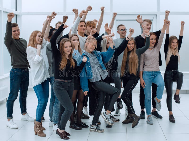 Group of Happy Youths Who are Pointing Ahead Stock Photo - Image of ...