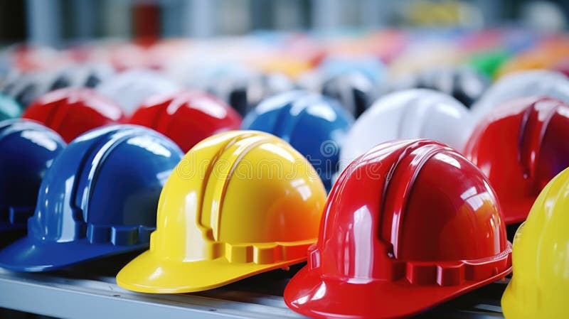 Group of Hard Hats on a Table, Suitable for Construction Projects Stock ...
