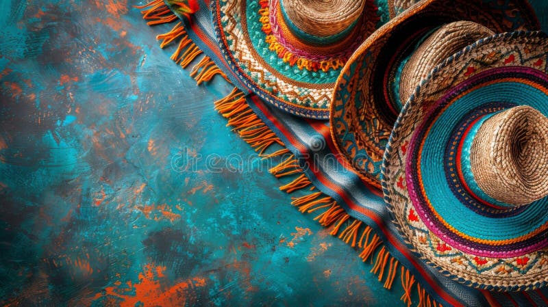 Group of Hats on Blue Surface Stock Photo - Image of straw, blue: 314609576