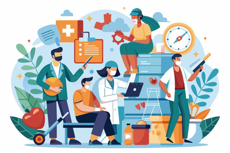 A Group of Health Workers Performs Various Medical Tasks in a Lively ...