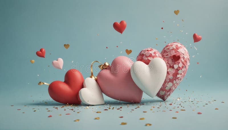 A Group of Hearts are Arranged on a Blue Background with Confetti Stock ...