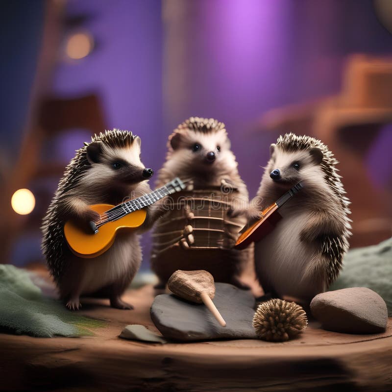 A Group of Hedgehogs Forming a Rock Band with Tiny Instruments, Playing ...