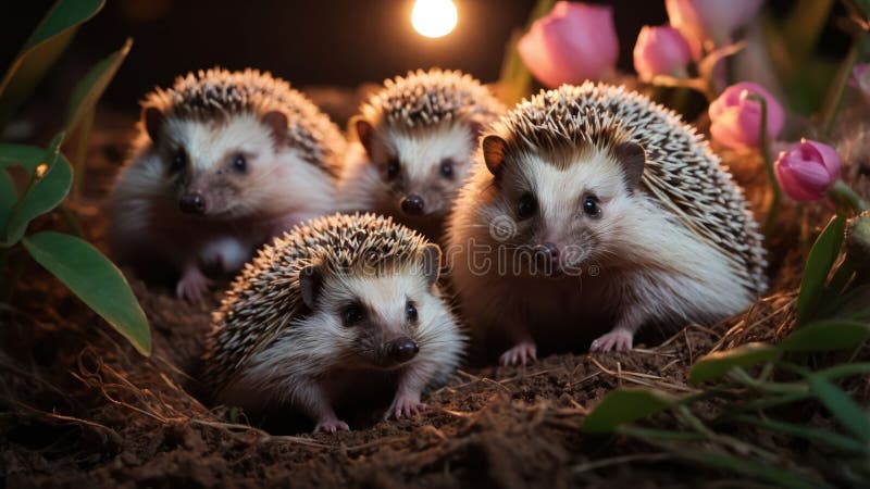 Adorable Group of Four Hedgehogs in a Garden at Night Stock ...