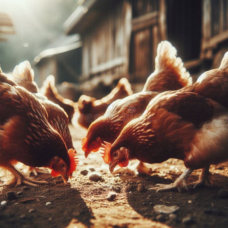 A Group of Hens Pecking at the Ground in a Rustic Farmyard Stock ...
