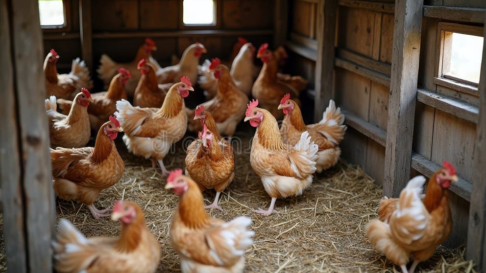 Group of Hens in a Rustic Wooden Coop with Straw Litter Stock Photo ...
