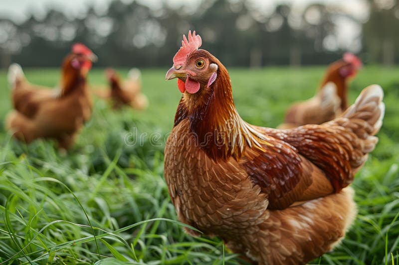 Group of Hens Standing on Green Grass in the Farm Stock Illustration ...