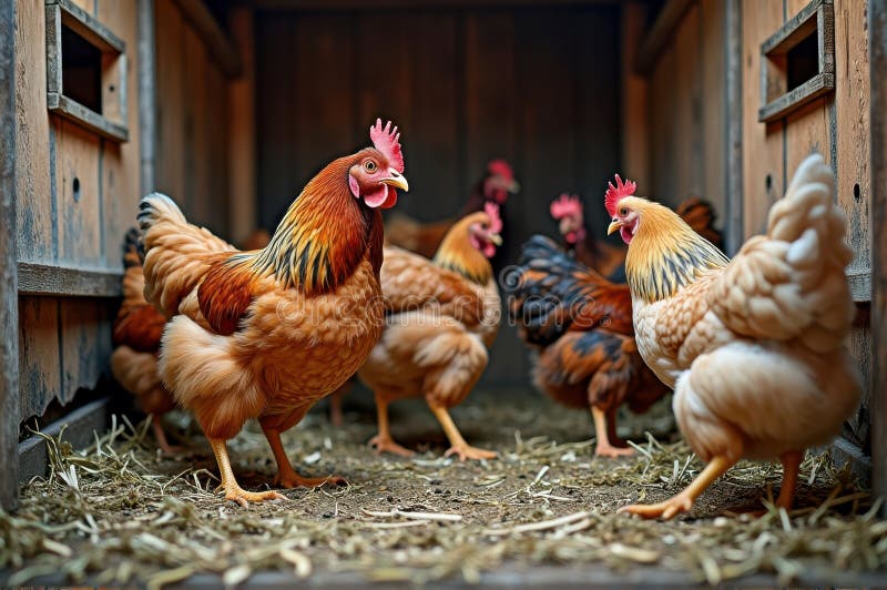 Group of Hens in Wooden Coo Colorful Feathers and Natural Setting Stock ...