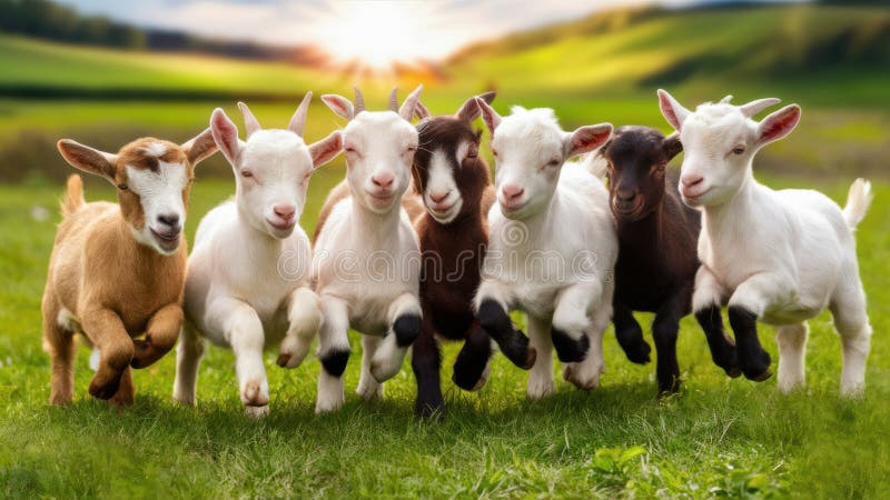 A Group of a Herd of Goats Running in the Grass, AI Stock Photo - Image ...