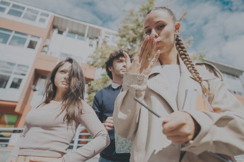 Students Collaborating Outdoors Guidance Their Professor Stock Photos ...