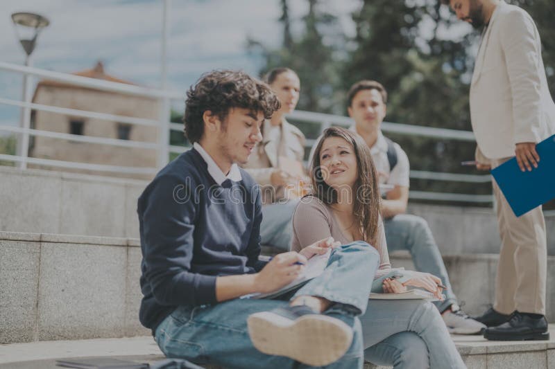 Group of High School Students Learning Outdoors with Teacher Mentoring Stock Image - Image of ...