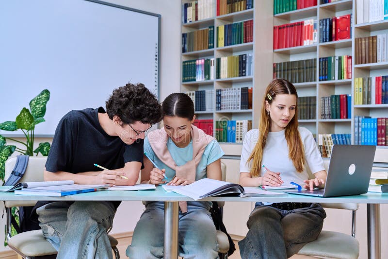 Group of High School Students Studying in Library Classroom Stock Photo ...