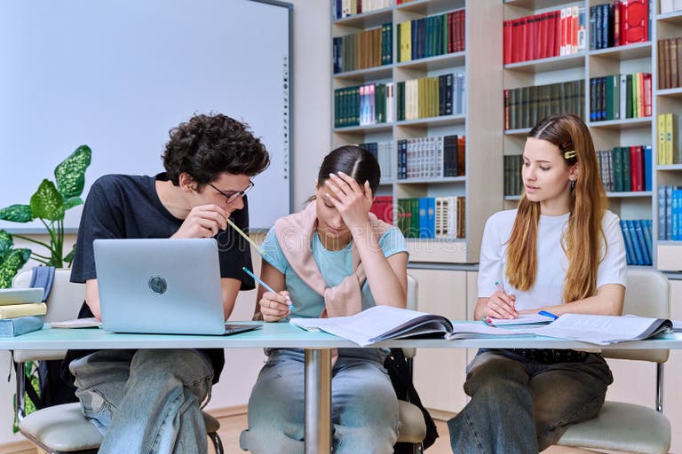 Group of High School Students Studying in Library Classroom Stock Photo - Image of female ...