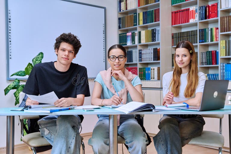 Group of High School Students Studying in Library Classroom Stock Photo - Image of homework ...