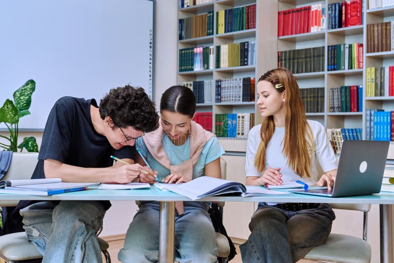 Group of High School Students Studying in Library Classroom Stock Photo - Image of homework ...
