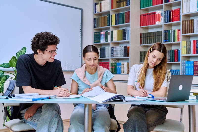 Group of High School Students Studying in Library Classroom Stock Photo ...