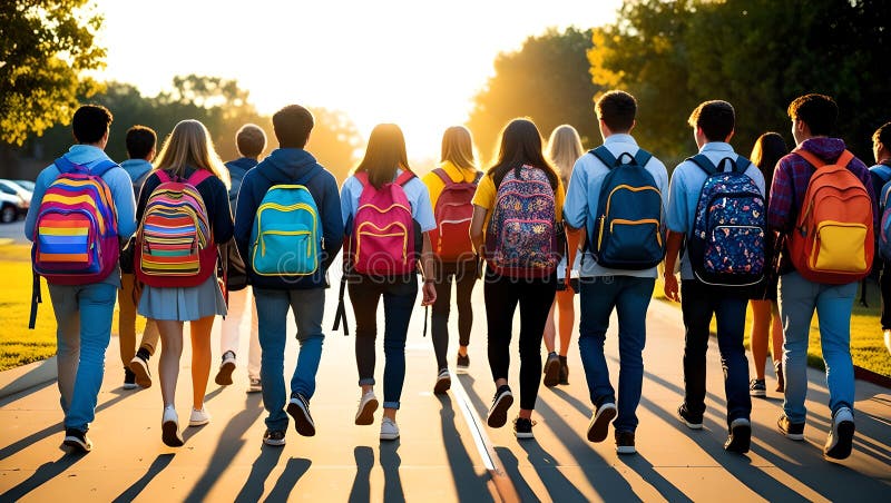 A Group of High School Students Walking To Class with Backpacks, the ...