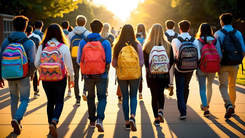 A Group of High School Students Walking To Class with Backpacks, the ...