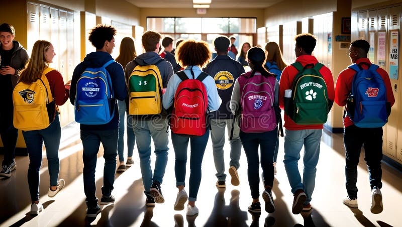 A Group of High School Students Walking To Class with Backpacks, the ...