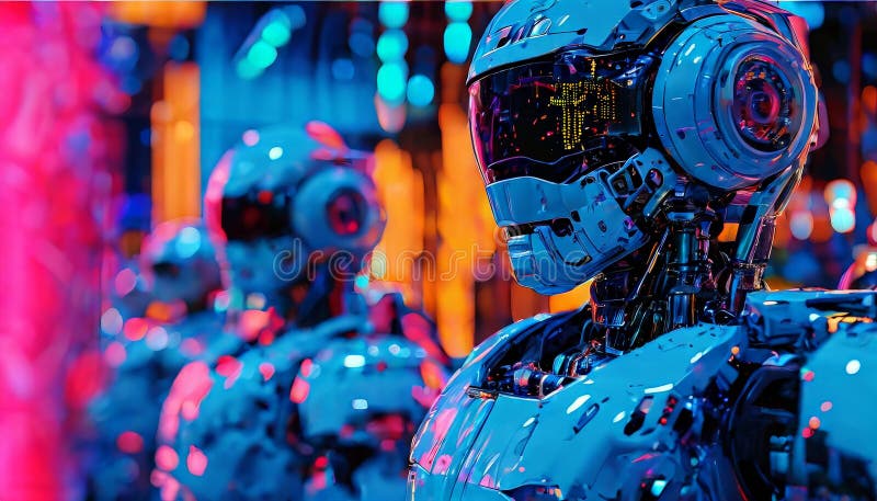 High-tech Robots in a Vibrant Neon-lit Futuristic Environment Stock ...