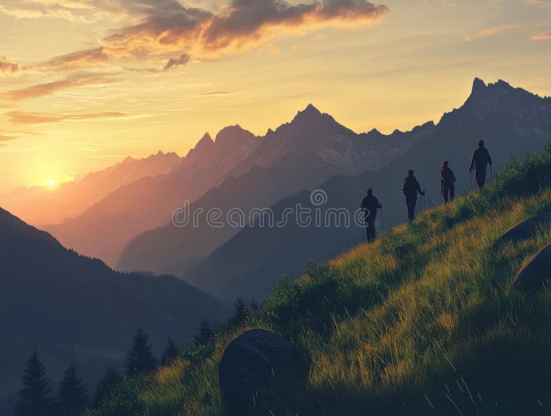 Group of Hikers Ascending Mountain Ridge at Sunrise Stock Illustration ...