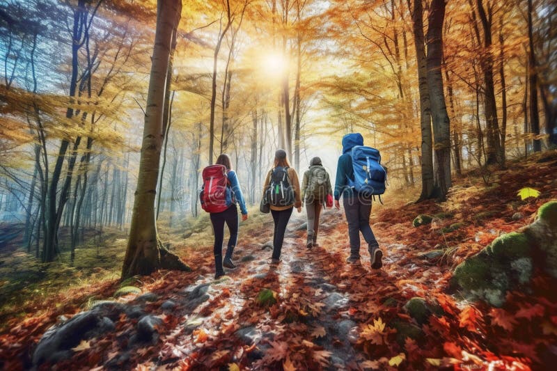Group of Hikers with Backpacks Walking in the Autumn Forest. Generative ...