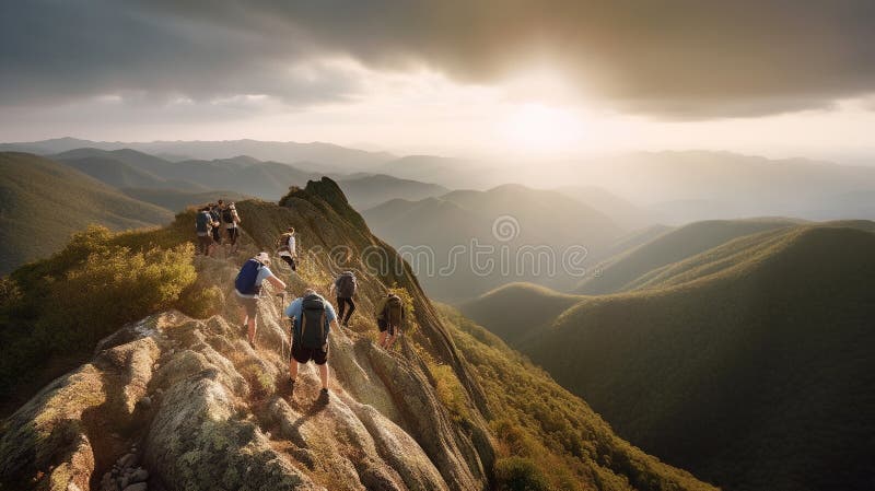 A Group of Hikers on a Climb through Sunny Mountain Ranges. AI ...