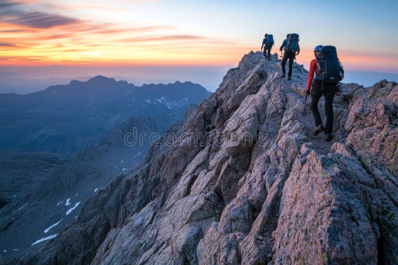 Group of Hikers Climbing Rocky Mountain Slope during a Sunset. Stock ...