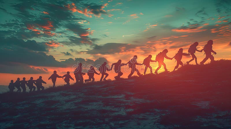 Group of Hikers Connected in Silhouette Against a Fiery Sunset Sky ...