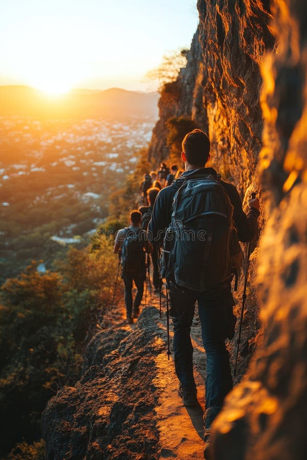 Group of Hikers Conquering Mountain Trail at Sunset, Epic Adventure and ...