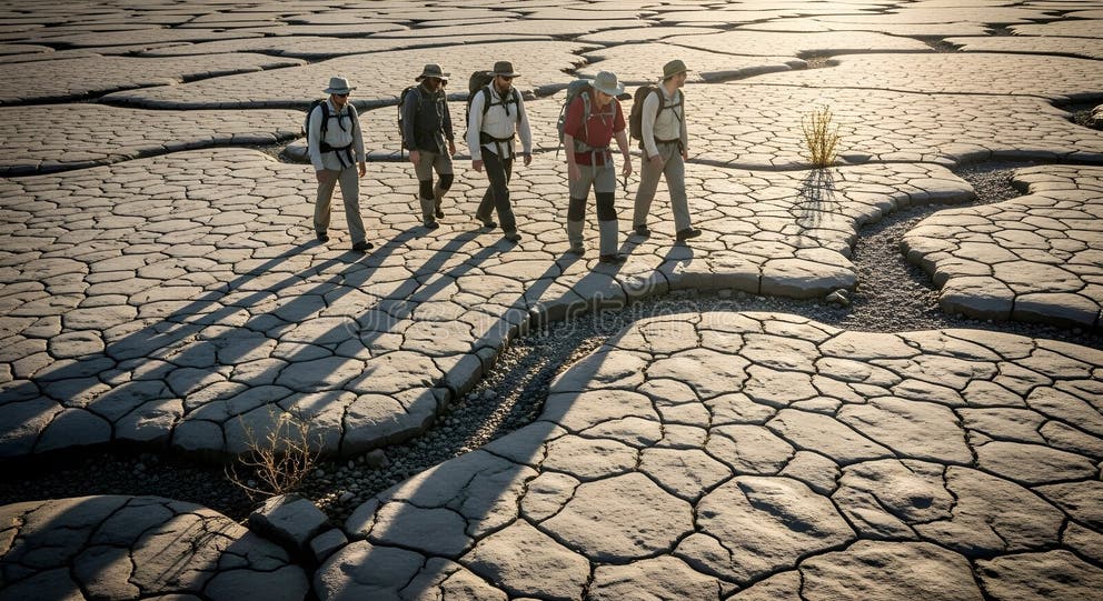 Group of Hikers Explore Cracked Mud Landscape in a Desolate Location ...