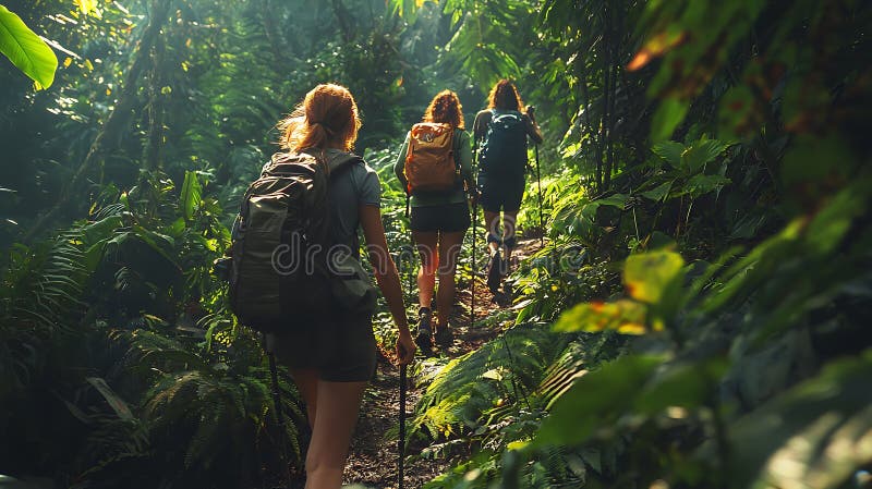 Group of Hikers Exploring a Lush Green Jungle Trail Stock Illustration ...