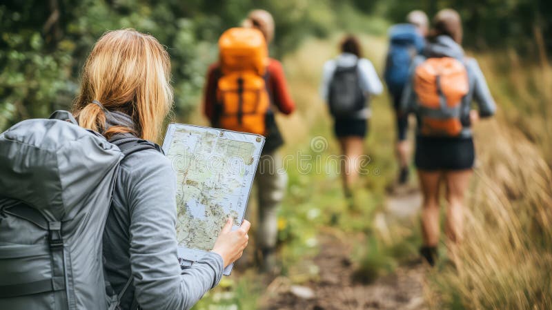 Group of Hikers Exploring Nature with Map in Hand, Enjoying Outdoors ...