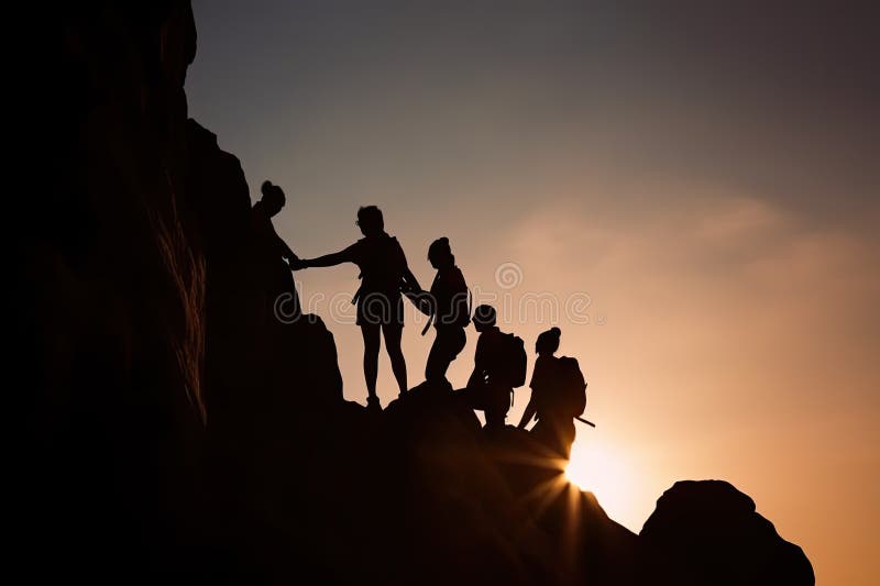 Group of Hikers Helping Each Other Climb Up the Mountain Generative Ai ...