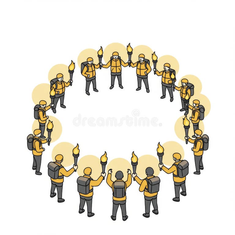 Group of Hikers Holding Torches Forming a Circle in a White Background ...