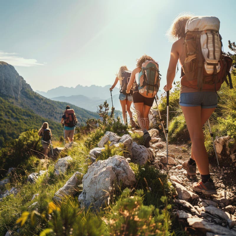 A Group of Hikers Making Their Way Up a Mountain Path. Stock ...