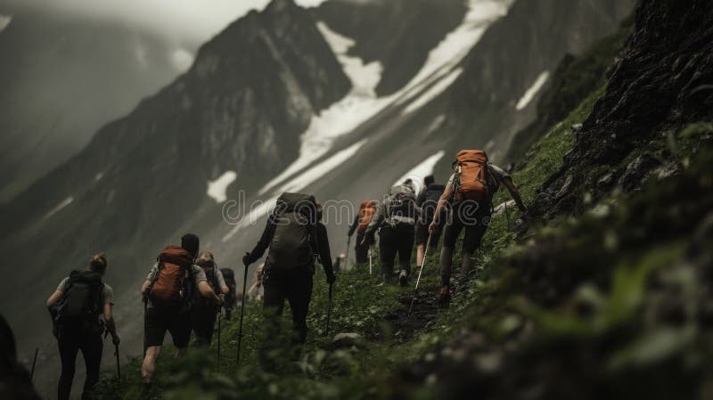 Group of Hikers on Mountain Trail in Overcast Weather Stock Image ...