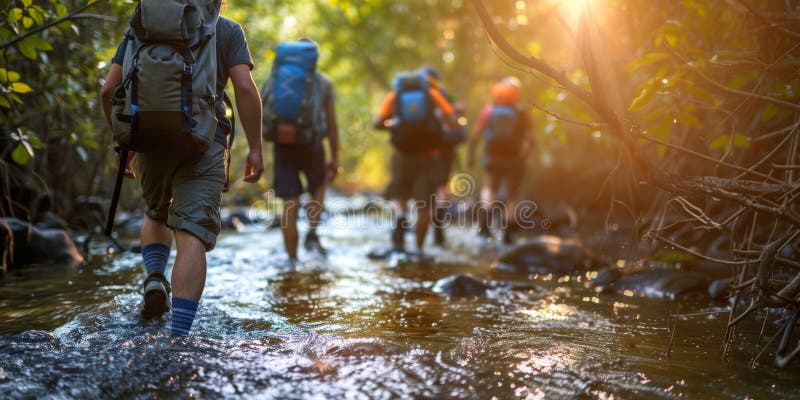 Group of Hikers Navigating through Shallow Forest Stream, with Sunlight ...