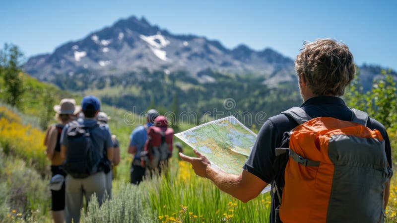 Group of Hikers Reading Map with Backpacks on Mountain Trail in Sunny ...