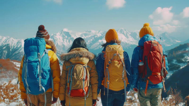 Group of Hikers Standing in Front of Mountain Stock Illustration ...