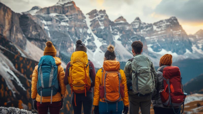 Group of Hikers Standing in Front of Mountain Stock Illustration ...
