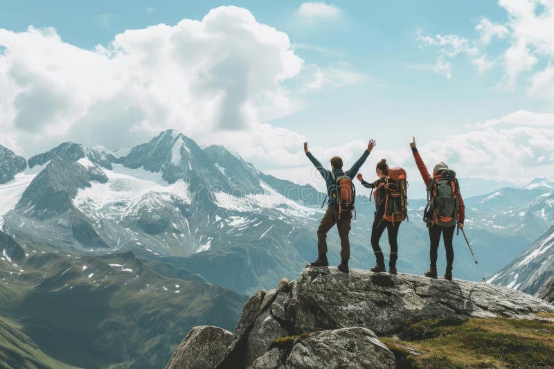 Group of Hikers Standing on Summit of Mount Everest, Friends Showing ...