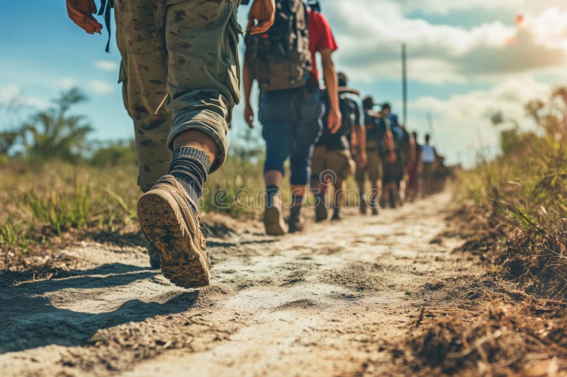 Group of Hikers Trekking Down a Dusty Path through Lush Greenery in ...