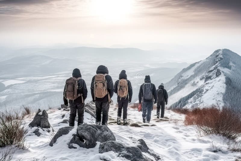 Group of Hikers Walking on a Snow Covered Trail in the Mountains ...