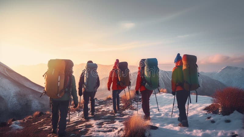 Group of Hikers Walking on a Trail in the Snow. Generative Ai Stock ...